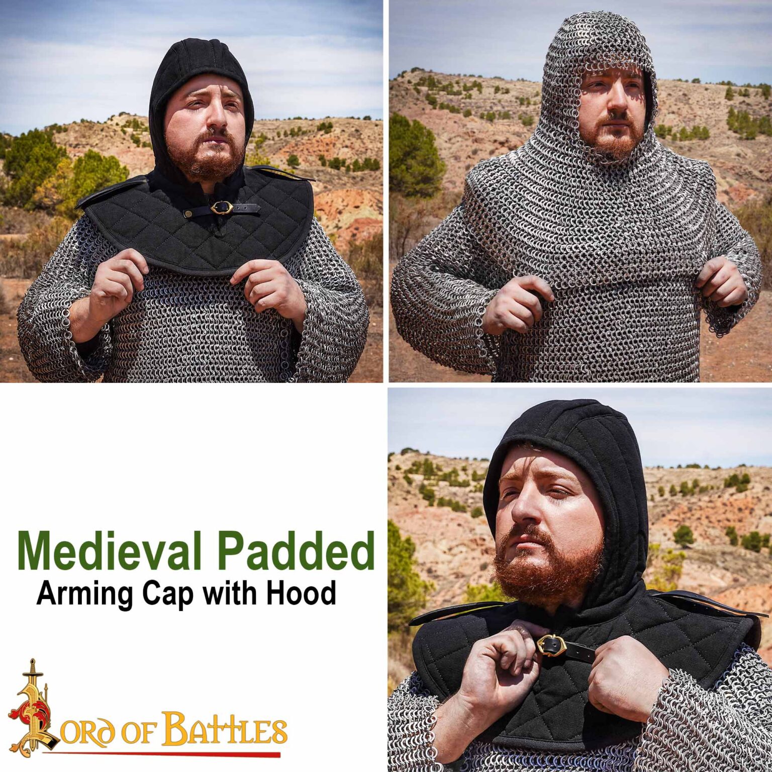 Padded Medieval Arming Hood with Quilted Collar 3-Layer