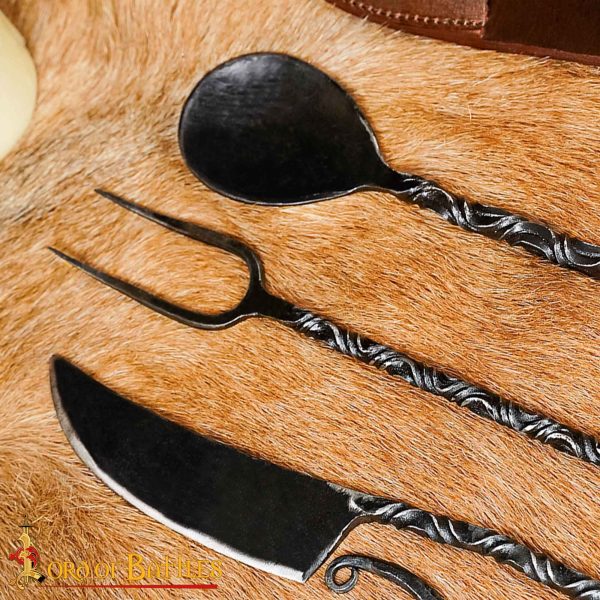 Rustic Viking Iron Cutlery Set Hand-Forged & Leather Pouch